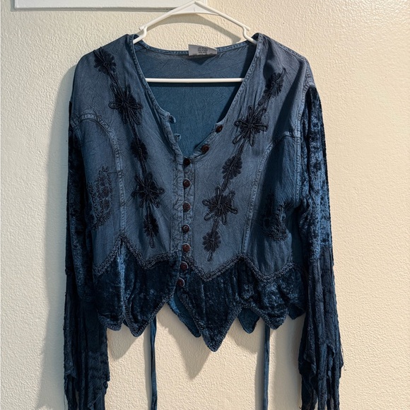 Tops | Blue Velvet Embroidered Womens Top | Poshmark